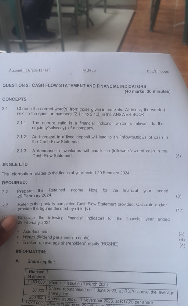 QUESTION 2: CASH FLOW STATEMENT AND | StudyX