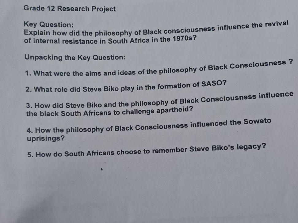 Grade 12 Research Project Key Question: