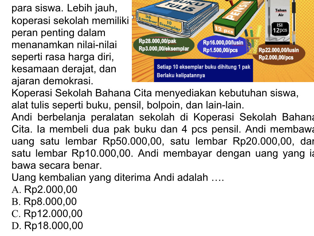 Andi berbelanja peralatan sekolah di | StudyX