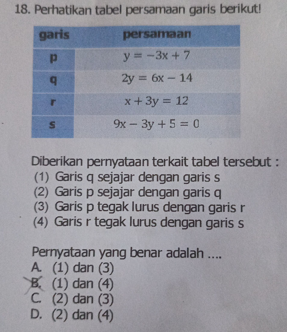 18. Perhatikan tabel persamaan garis | StudyX