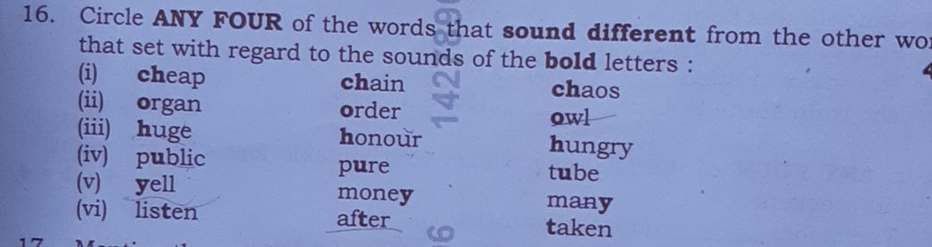16. Circle ANY FOUR of the words that sound | StudyX