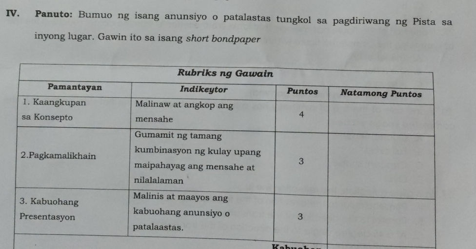 IV. Panuto: Bumuo ng isang anunsiyo o | StudyX