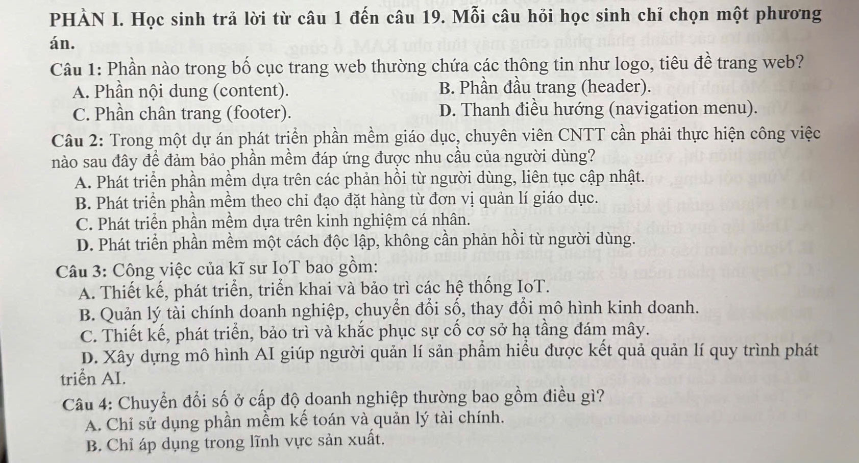 Câu 1: Phần nào trong bố cục trang web | StudyX
