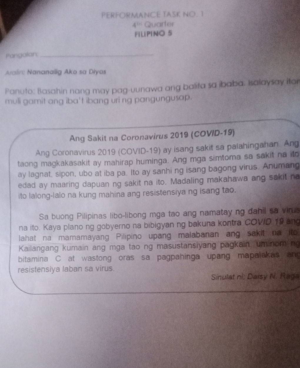 Panuto: Basahin nang may pag-uunawa ang | StudyX