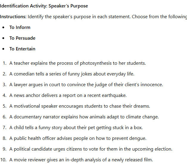 Identification Activity: Speaker's Purpose | StudyX