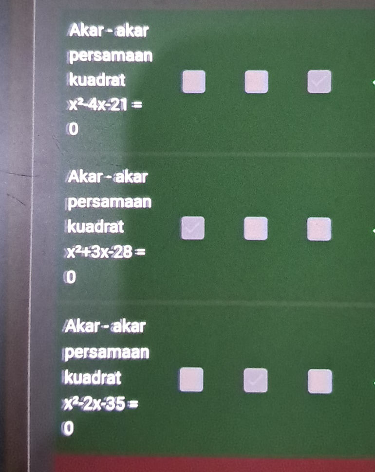 Akar-akar persamaan kuadrat $x^2 - 4x - 21 = | StudyX
