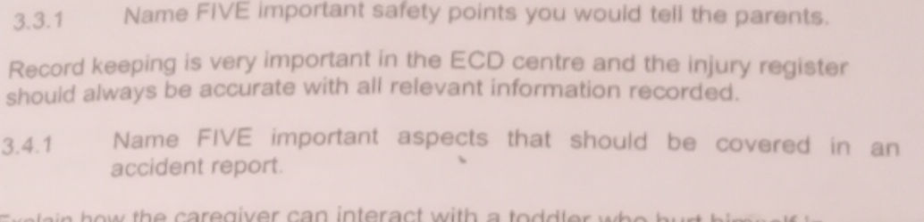 3.3.1 Name FIVE important safety points you