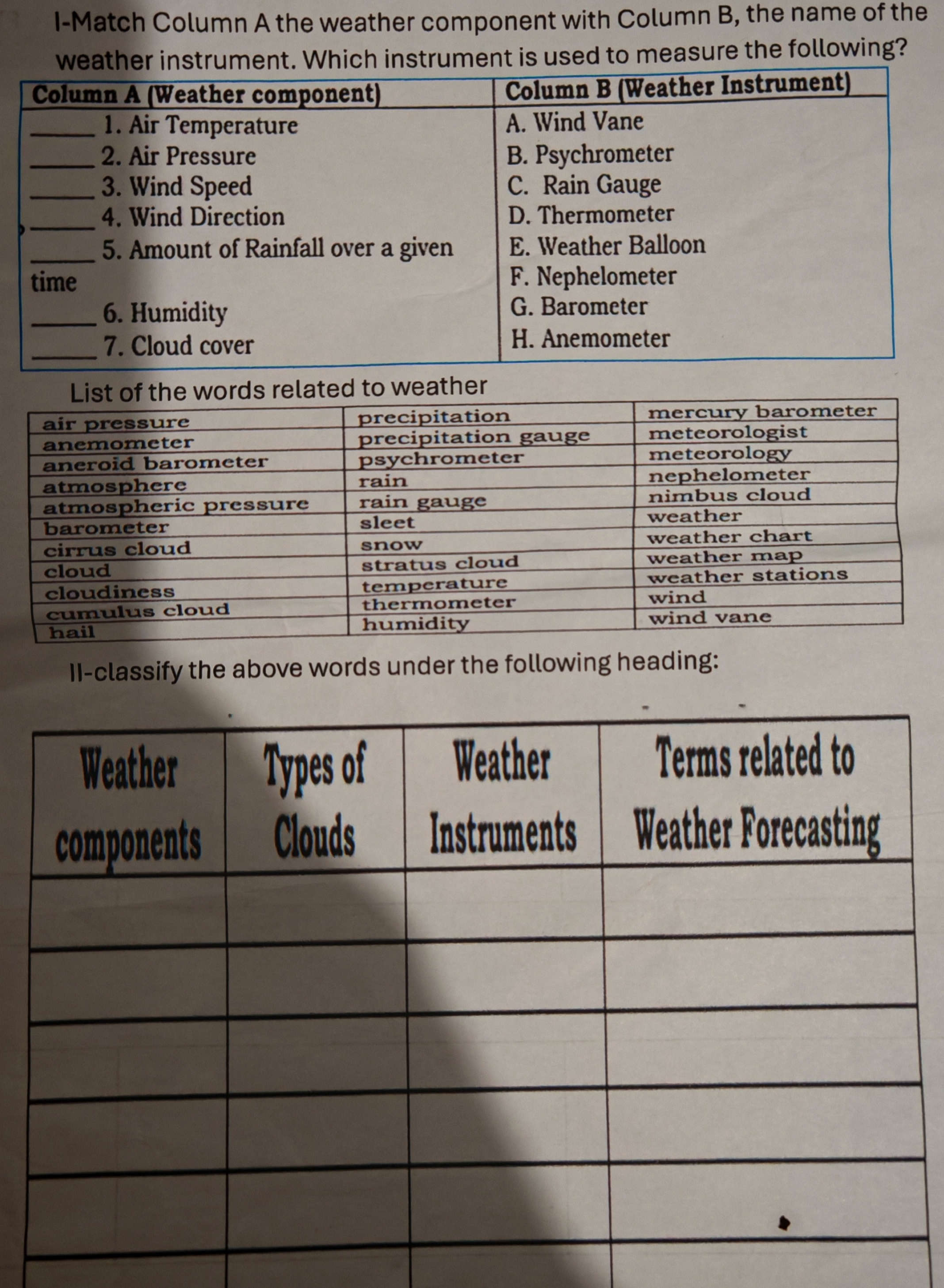 I-Match Column A the weather component with | StudyX