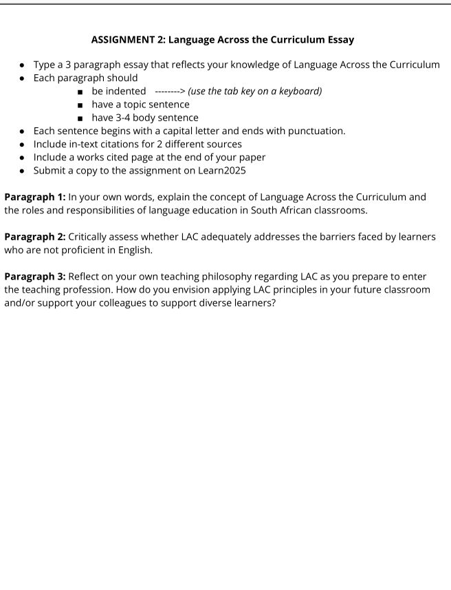 ASSIGNMENT 2: Language Across the Curriculum | StudyX