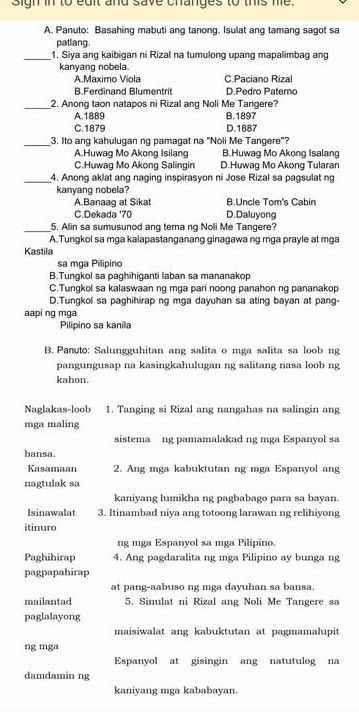 A. Panuto: Basahing mabuti ang tanong. | StudyX