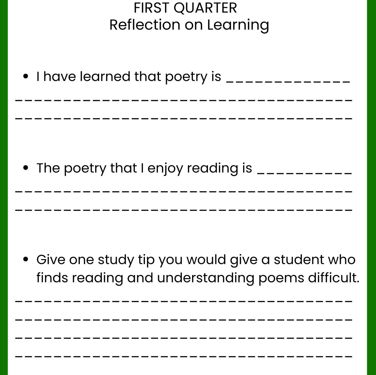 FIRST QUARTER Reflection on Learning - I | StudyX