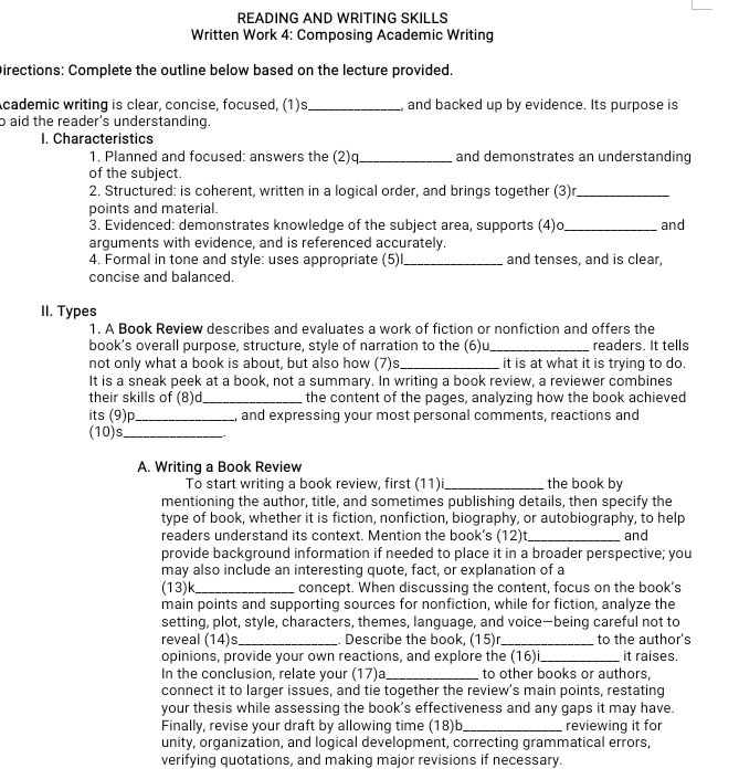 READING AND WRITING SKILLS Written Work 4: | StudyX