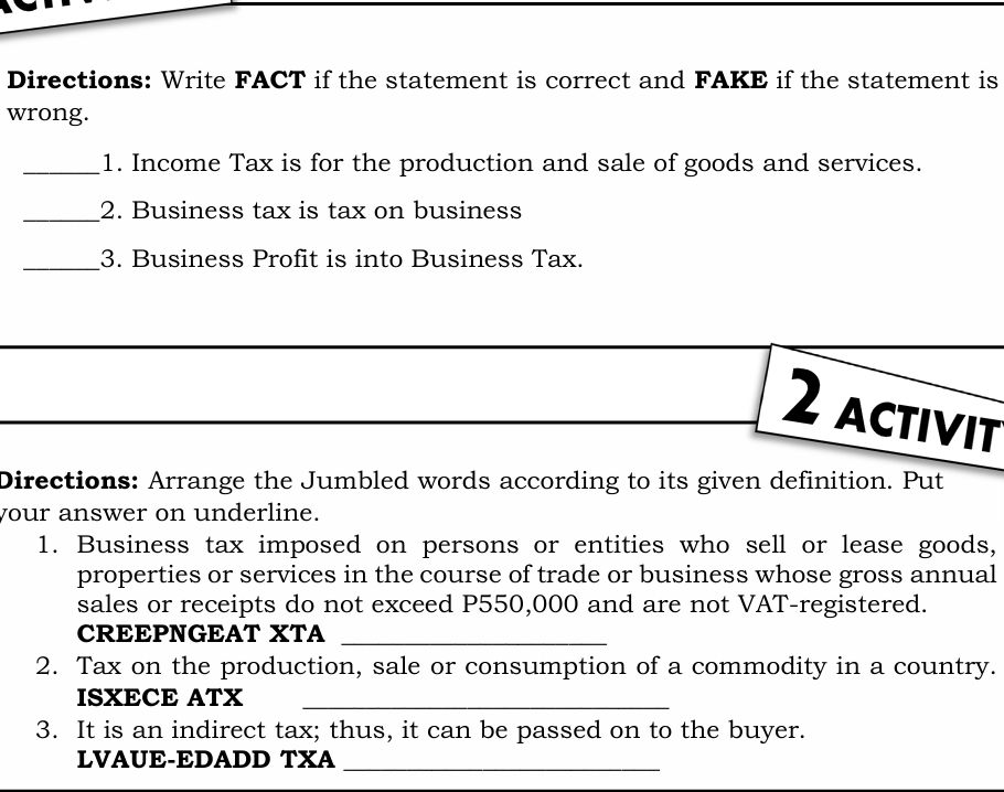 Directions: Write FACT if the statement is | StudyX