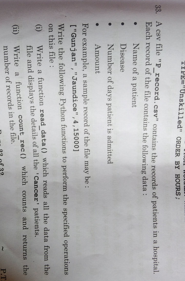 33. A csv file "P_record.csv" contains the | StudyX