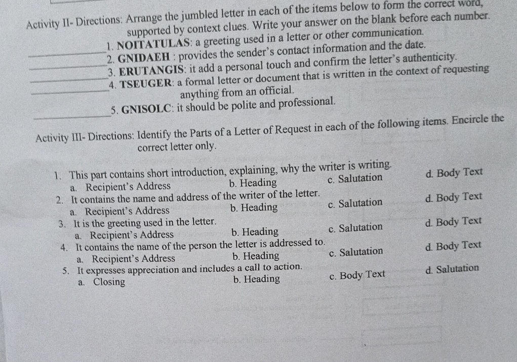 Activity II- Directions: Arrange the jumbled | StudyX