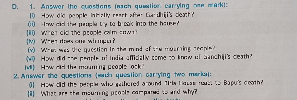 D. 1. Answer the questions (each question | StudyX