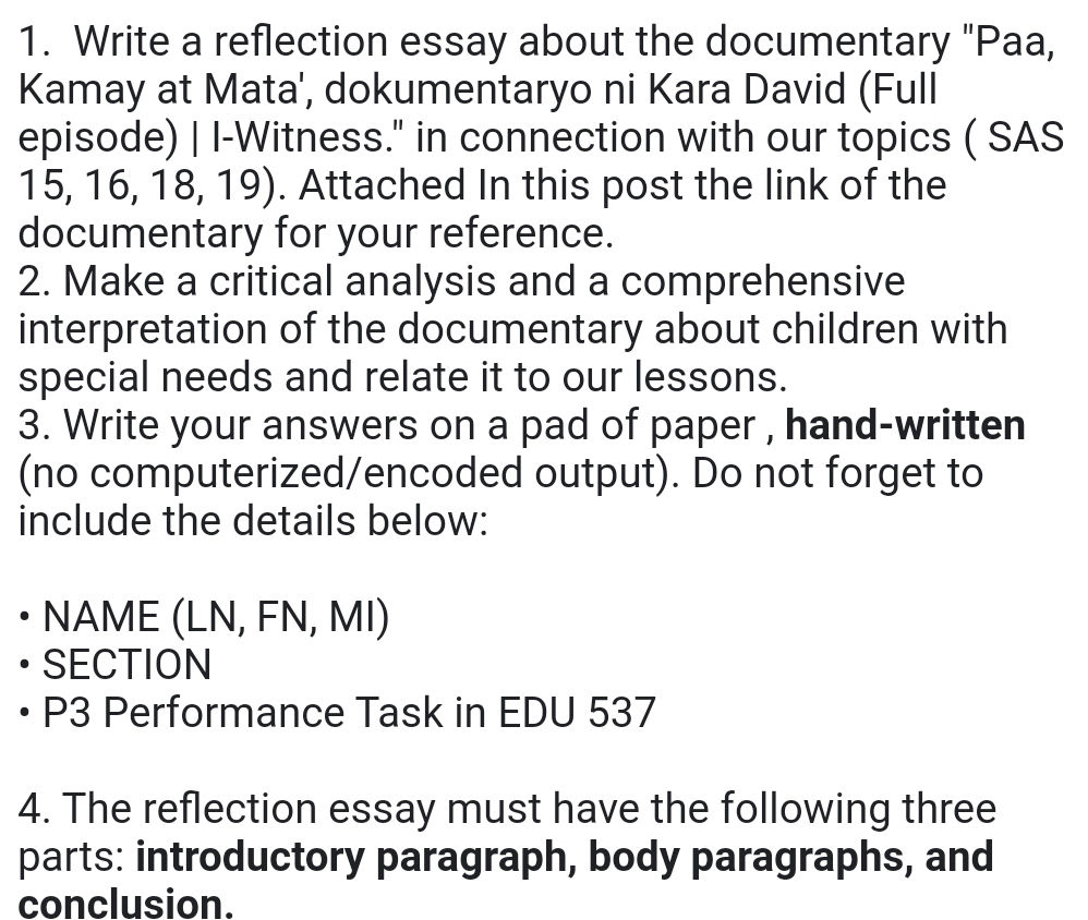 1. Write a reflection essay about the | StudyX
