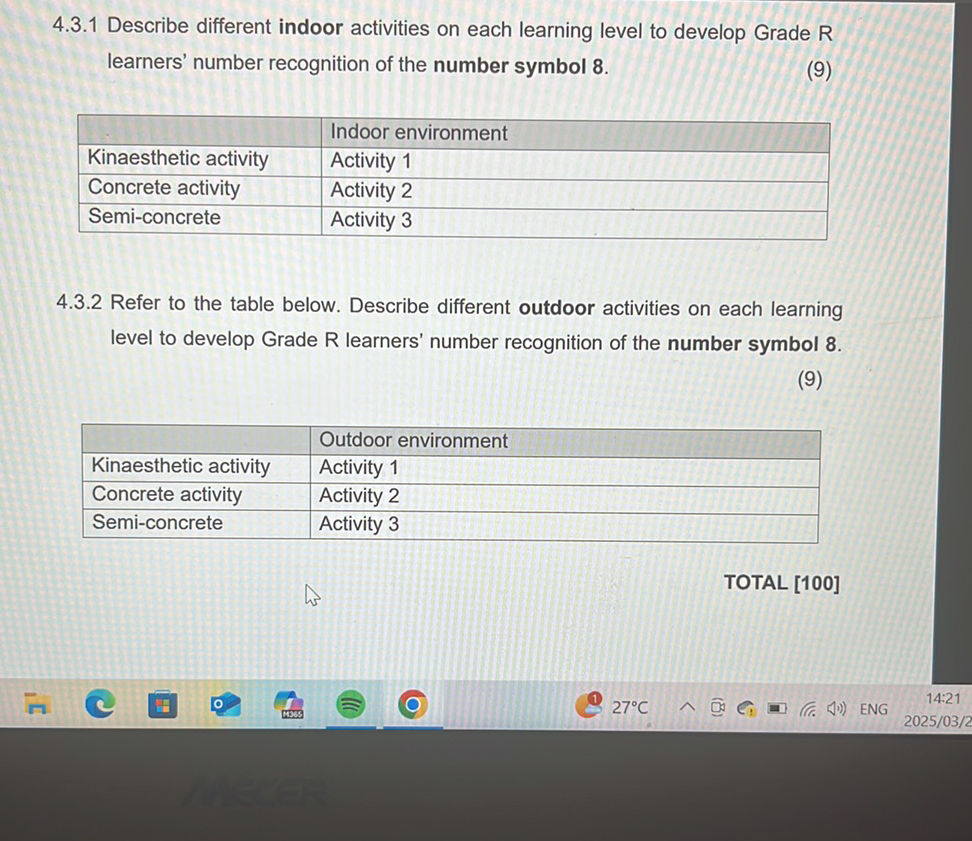 4.3.1 Describe different indoor activities
