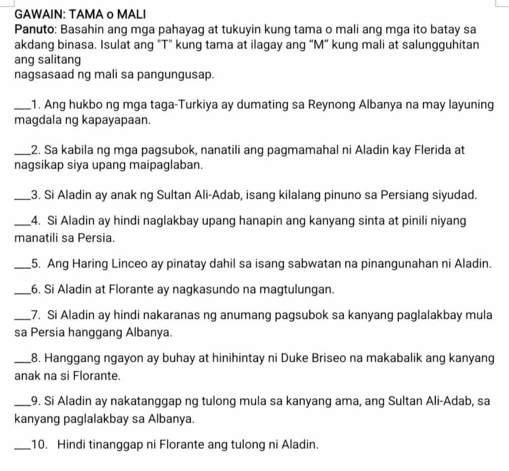 GAWAIN: TAMA o MALI Panuto: Basahin ang mga | StudyX