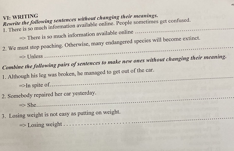 VI: WRITING Rewrite the following sentences | StudyX