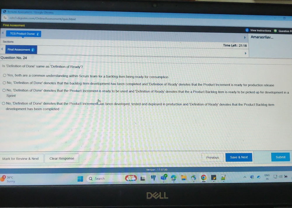 Question No. 24 Is 'Definition of Done' | StudyX