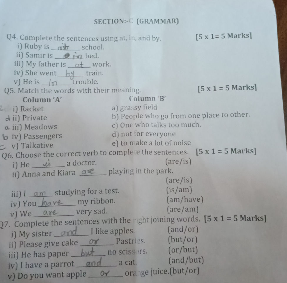 Q4. Complete the sentences using at, in, and | StudyX