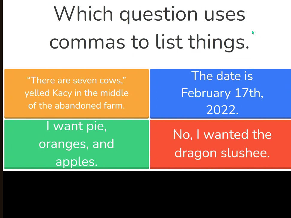 Which question uses commas to list things. | StudyX