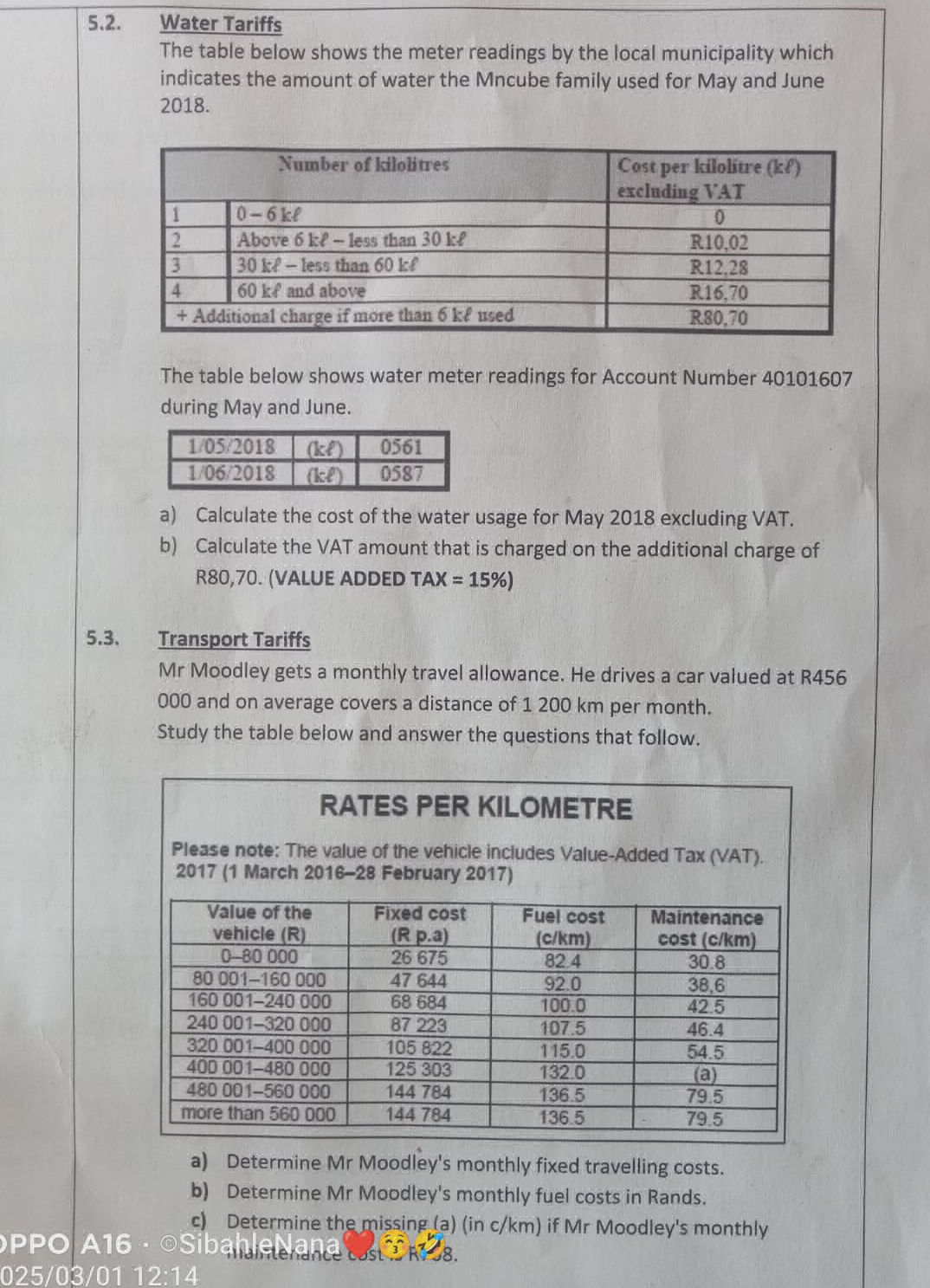 5.2. Water Tariffs The table below shows the | StudyX