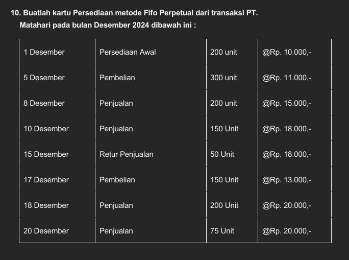 10. Buatlah kartu Persediaan metode Fifo | StudyX