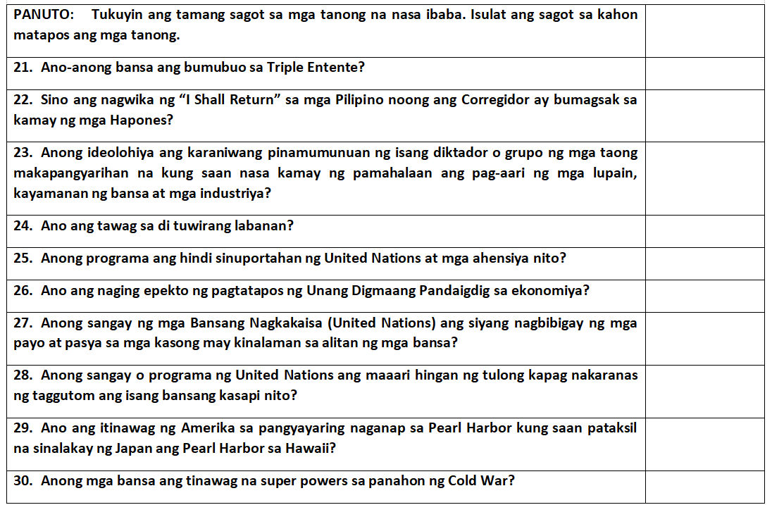 PANUTO: Tukuyin ang tamang sagot sa mga | StudyX