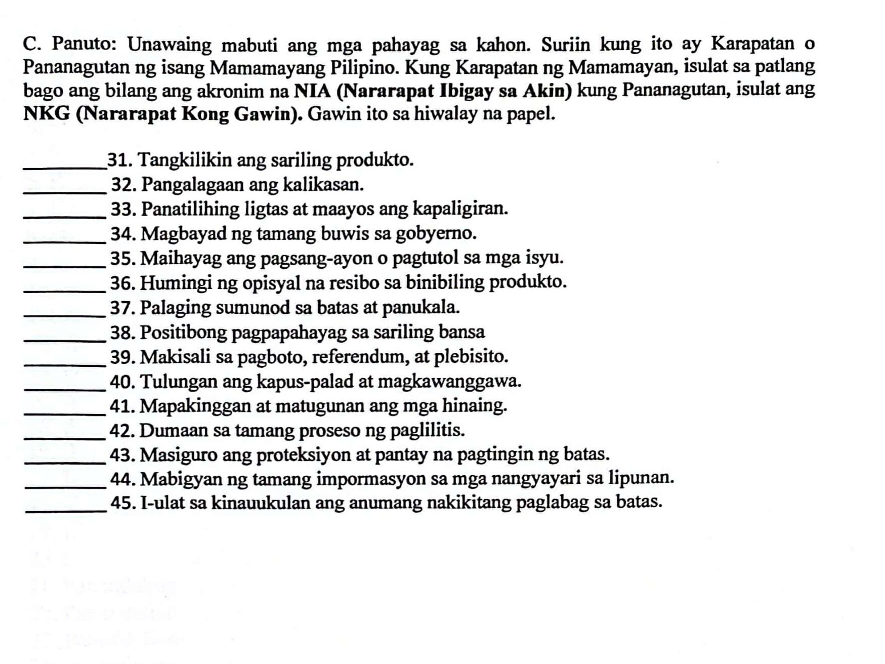 C. Panuto: Unawaing mabuti ang mga pahayag | StudyX