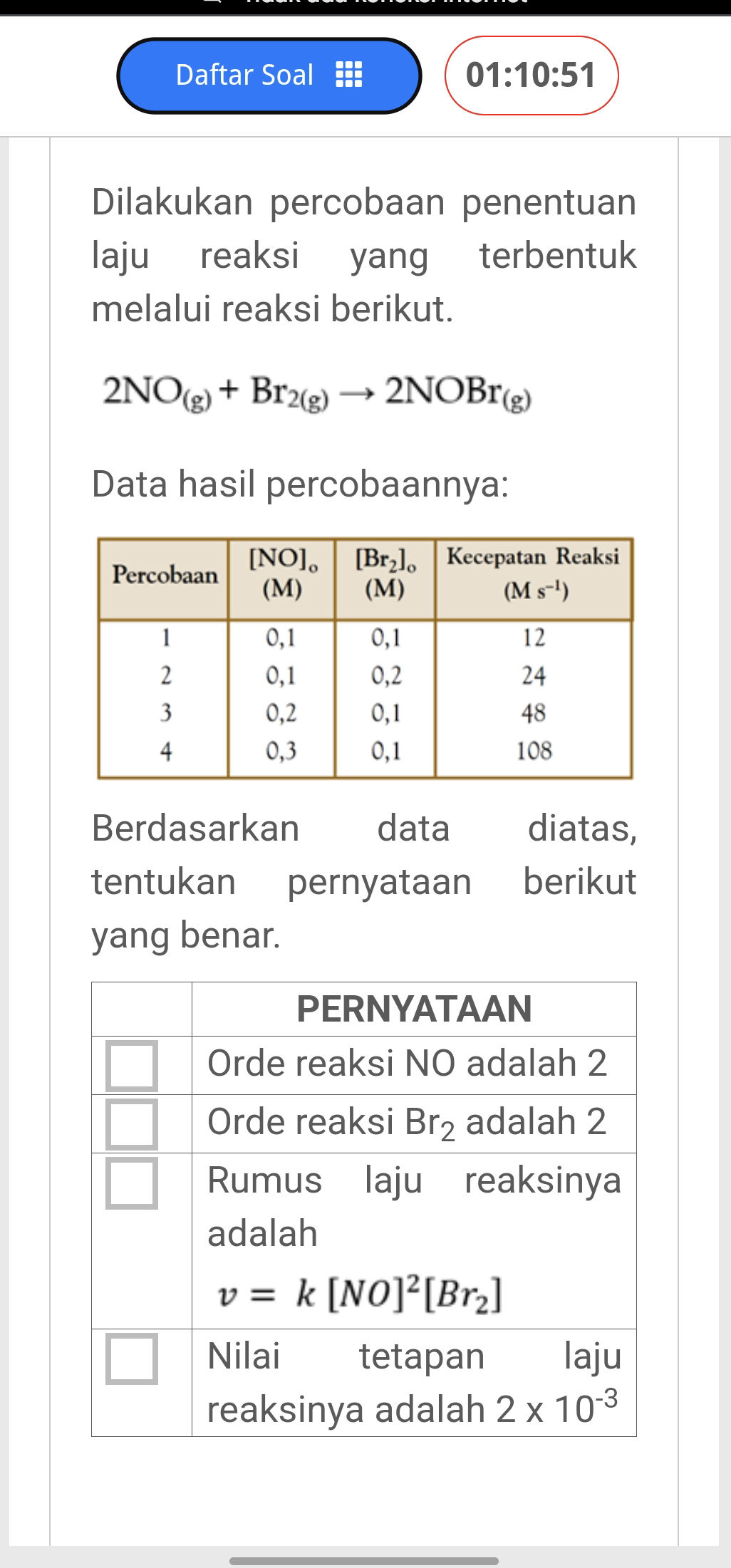 Dilakukan percobaan penentuan laju reaksi | StudyX
