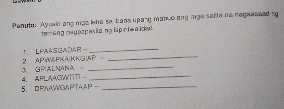 Panuto: Ayusin ang mga letra sa ibaba upang | StudyX