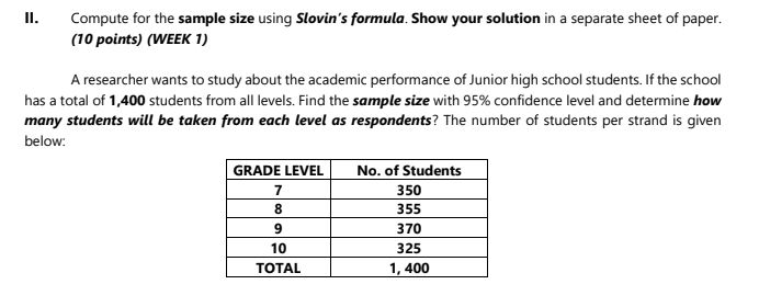 Compute for the sample size using Slovin's | StudyX