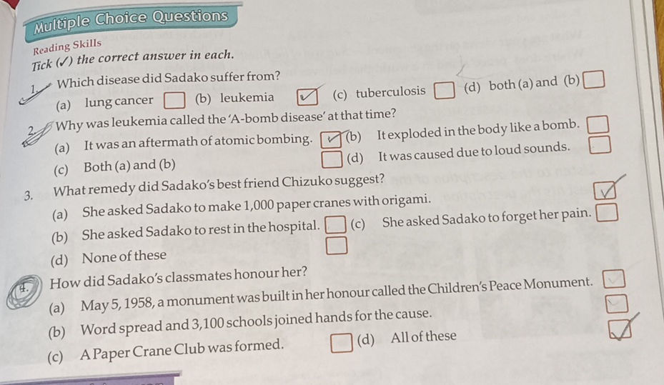 1. Which disease did Sadako suffer from? (a) | StudyX