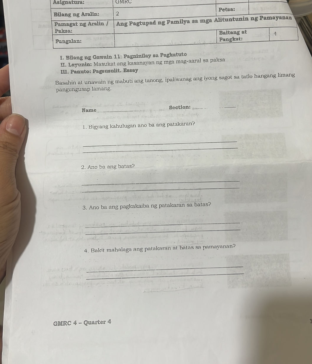 I. Bilang ng Gawain 11: Pagninilay sa | StudyX