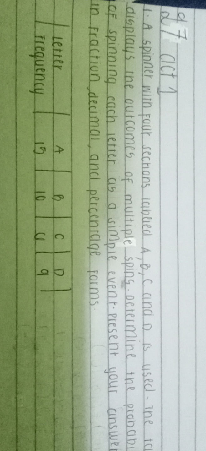 1. A spinner with four sections labeled A, | StudyX