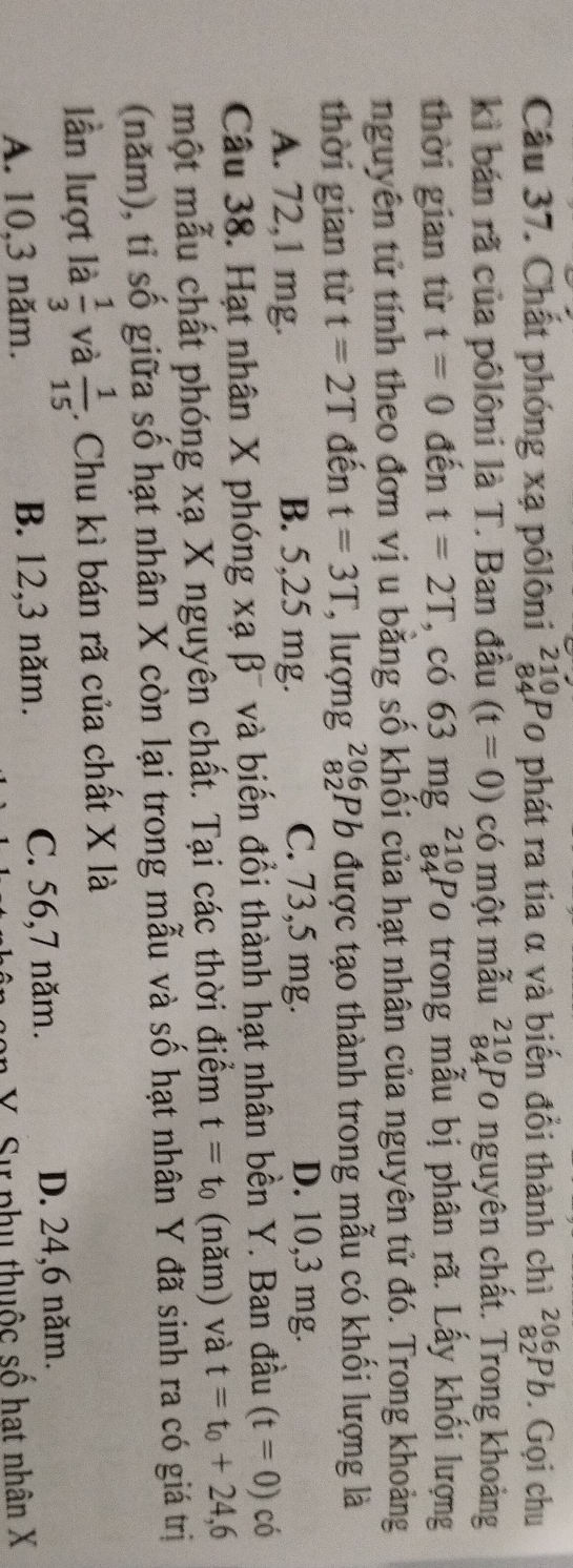 Câu 37. Chất phóng xạ pôlôni $^{210}_{84}Po$ | StudyX