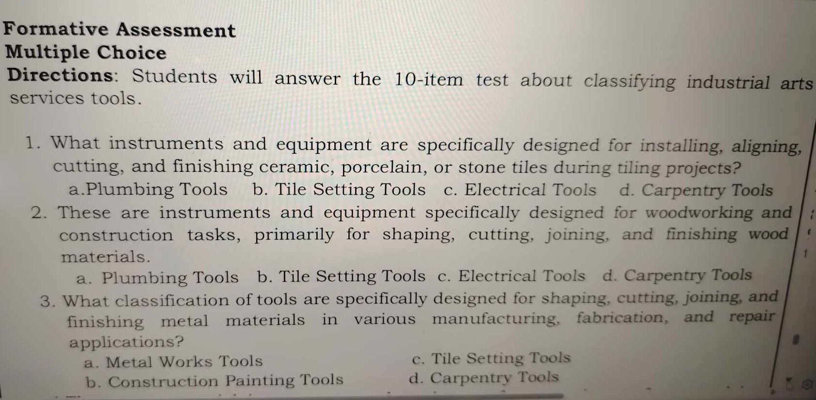 Formative Assessment Multiple Choice | StudyX