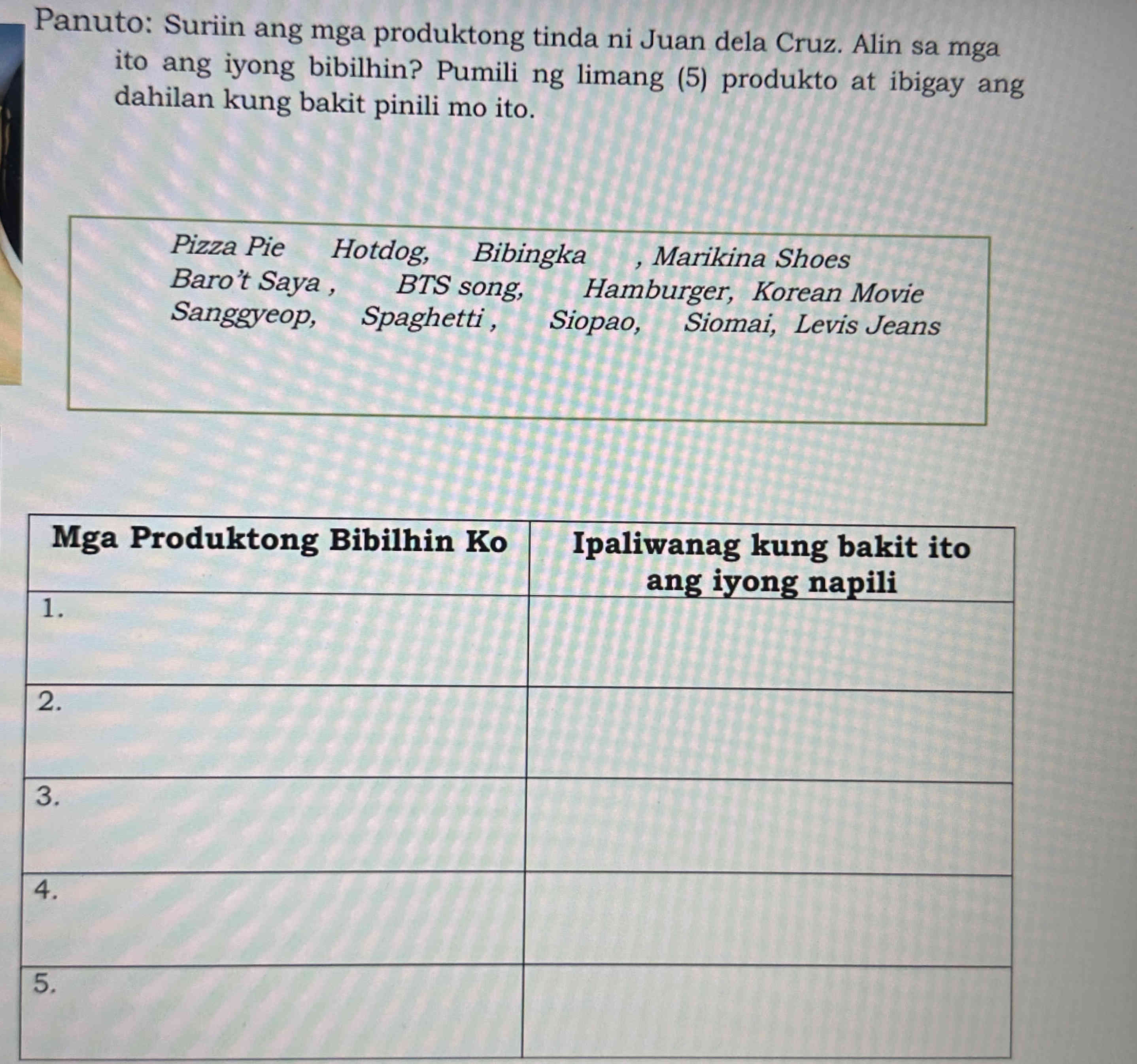 Panuto: Suriin ang mga produktong tinda ni | StudyX