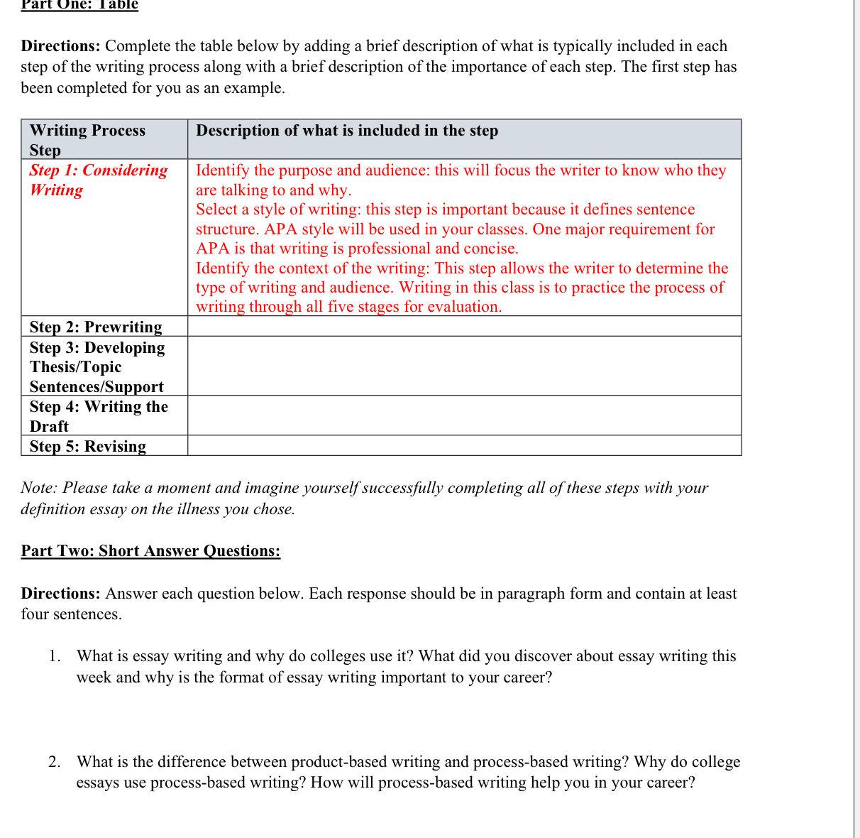 Part One: Table Directions: Complete the | StudyX