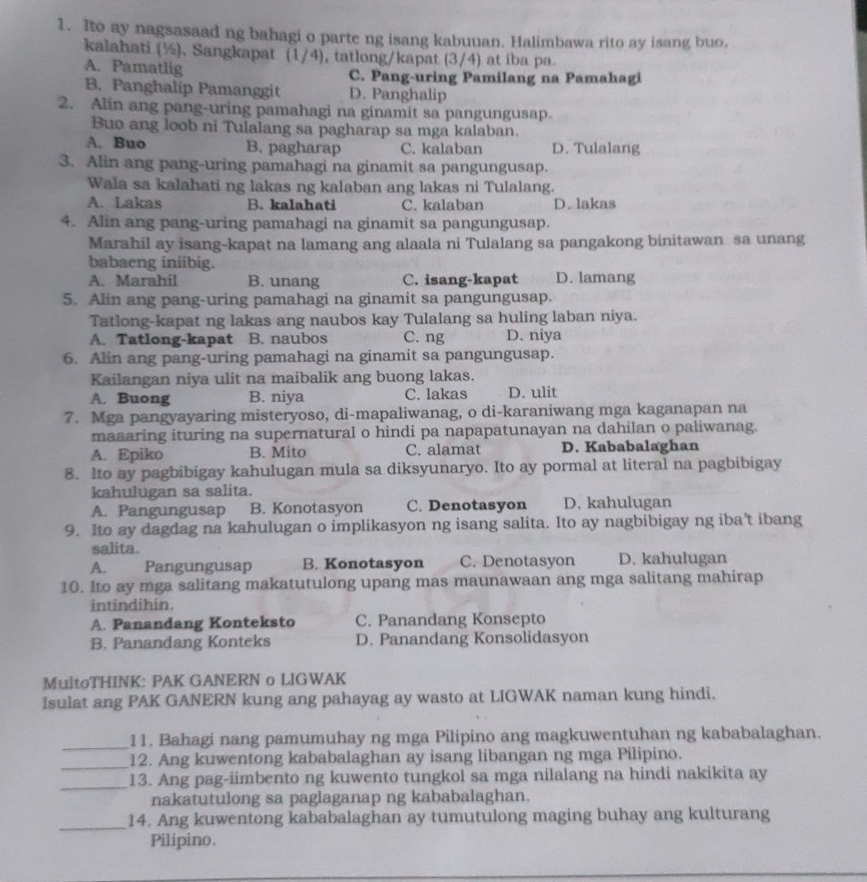 1. Ito ay nagsasaad ng bahagi o parte ng | StudyX