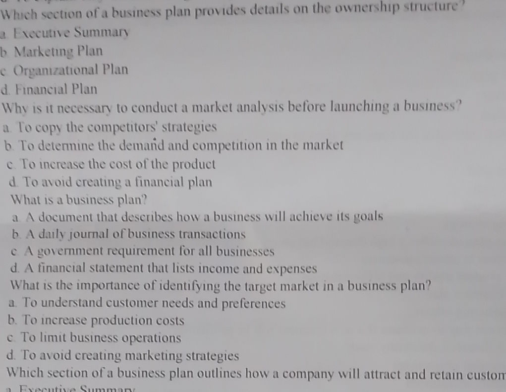 Which section of a business plan provides | StudyX