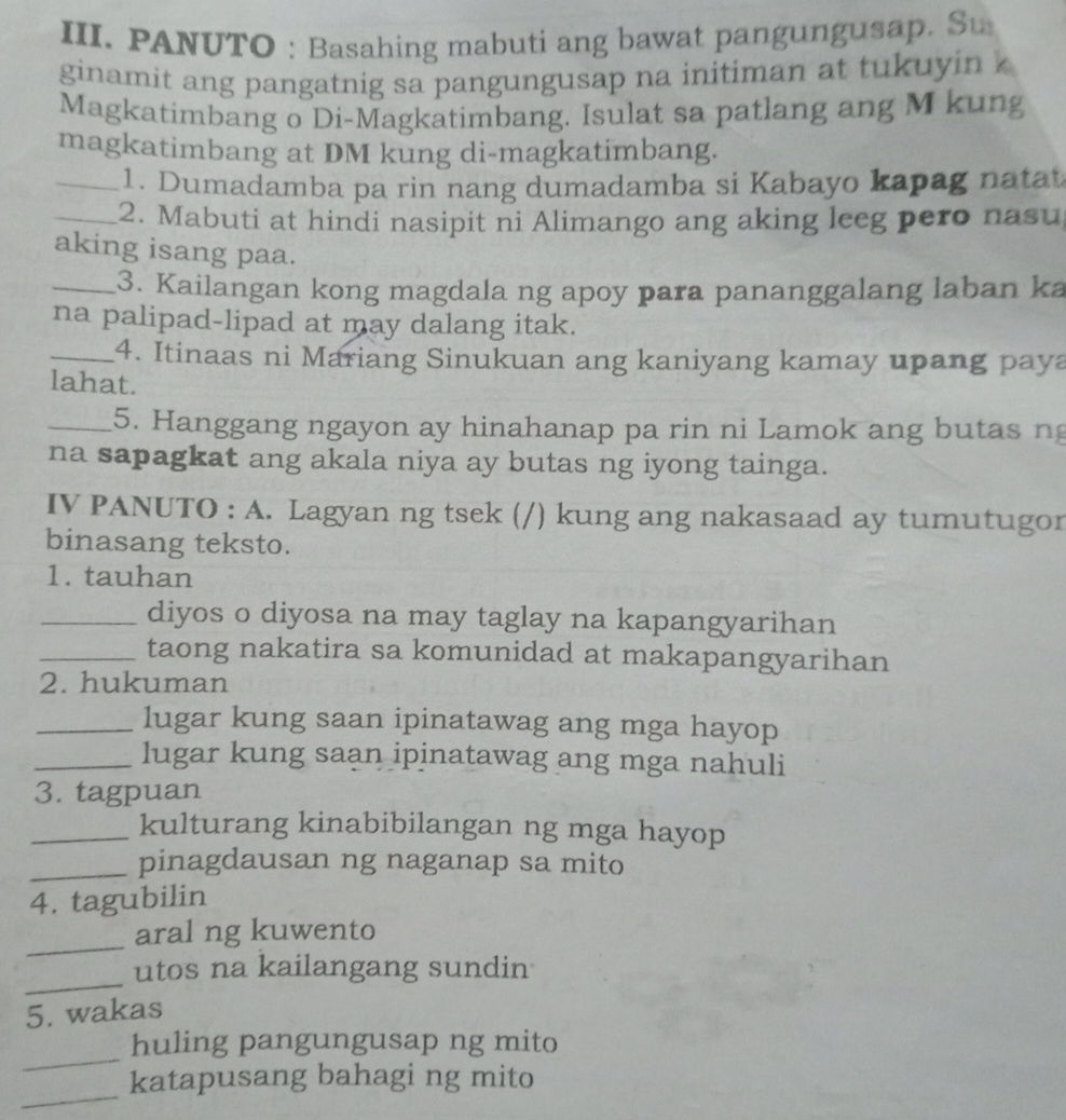 III. PANUTO: Basahing mabuti ang bawat | StudyX