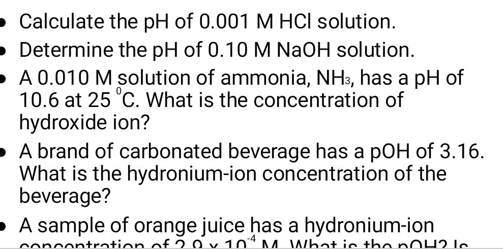 Calculate the pH of 0.001 M HCl solution. | StudyX