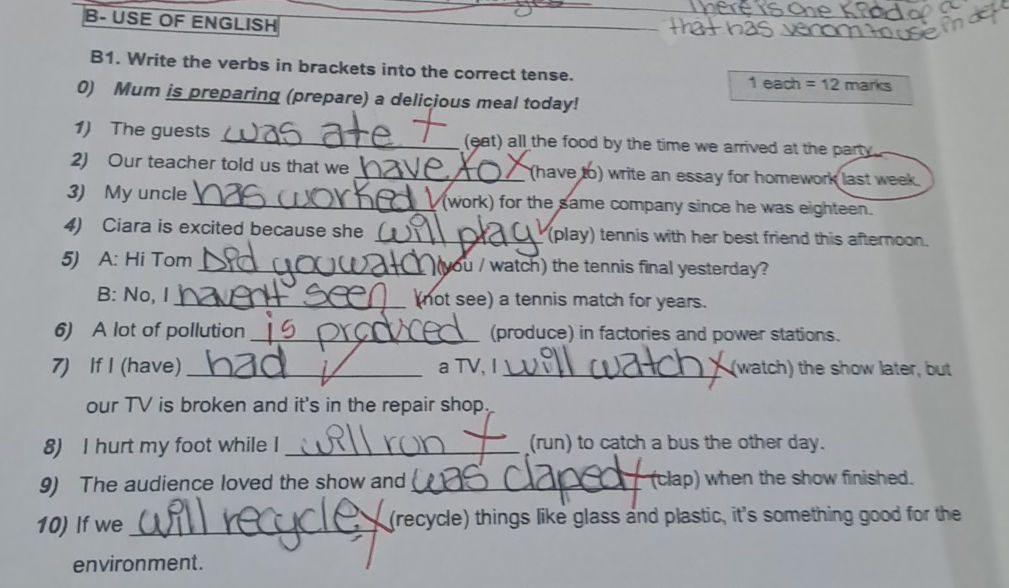 B- USE OF ENGLISH B1. Write the verbs in | StudyX