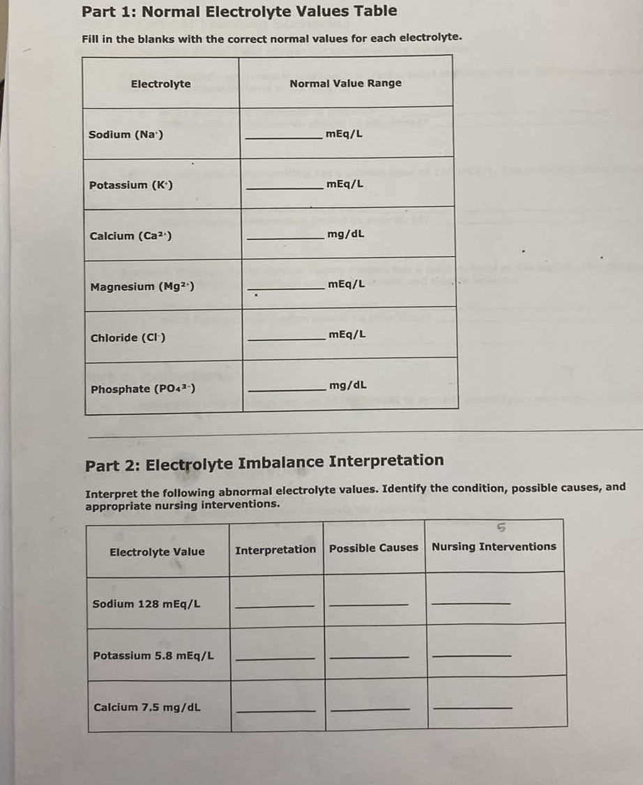 Part 1: Normal Electrolyte Values Table Fill | StudyX