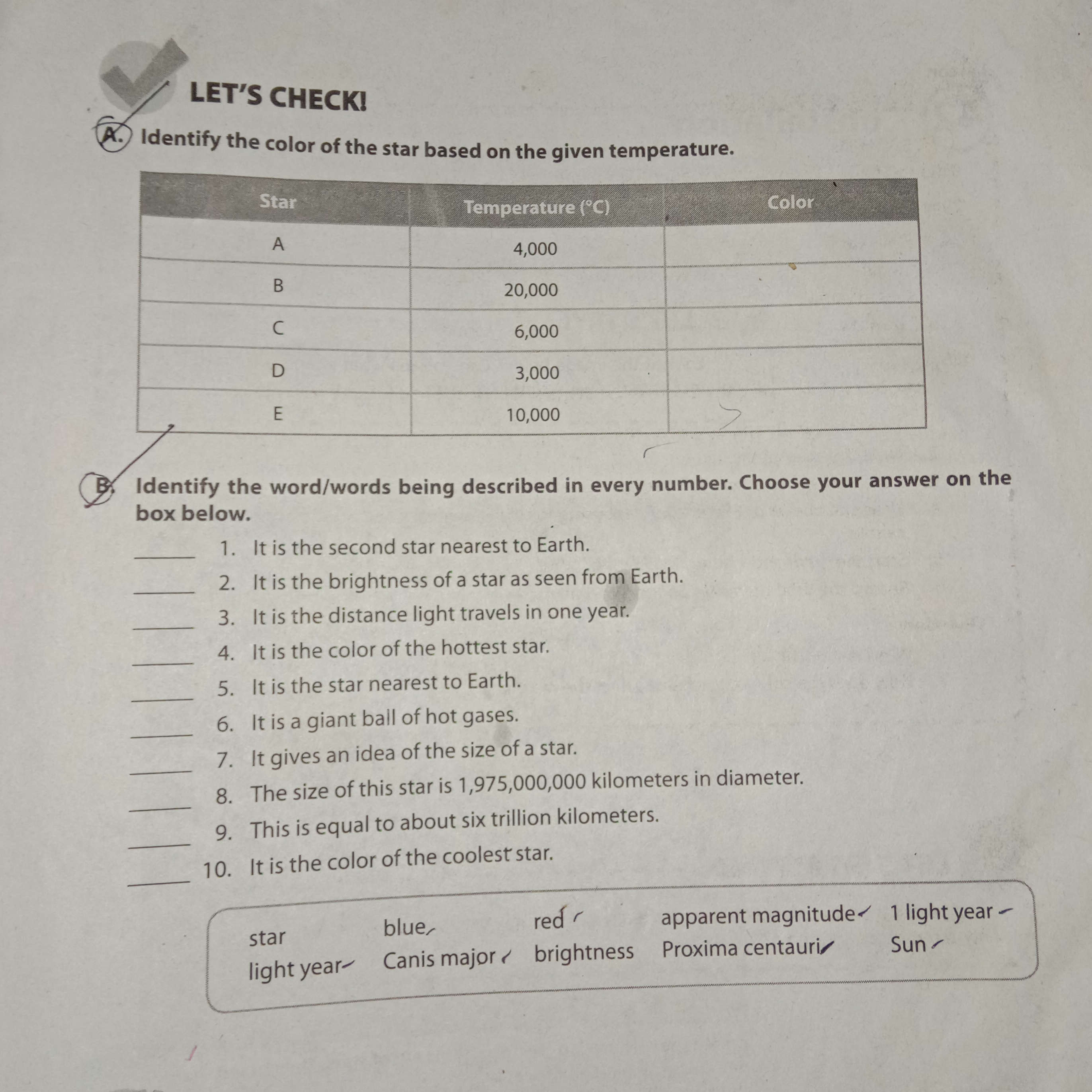 A. Identify the color of the star based on | StudyX