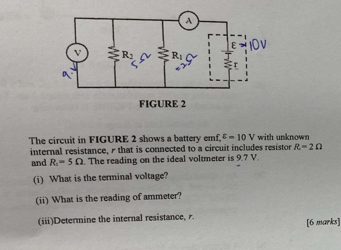 The circuit in FIGURE 2 shows a battery emf, | StudyX