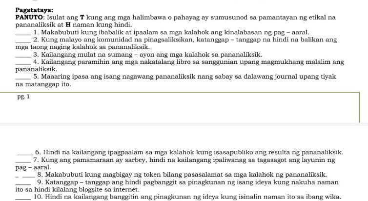 Pagatataya: PANUTO: Isulat ang T kung ang | StudyX